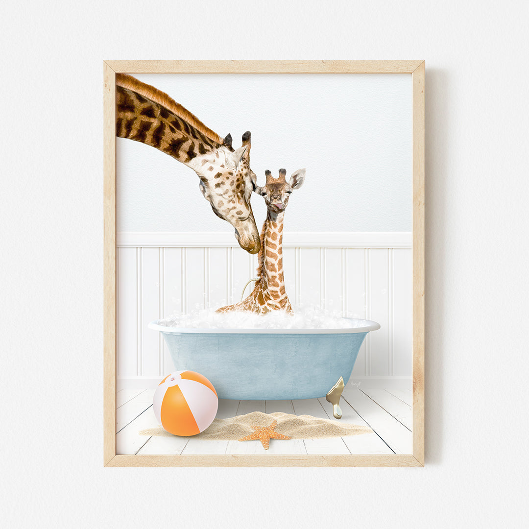Mother and Baby Giraffe in Beach House Bath with Beach Ball and Sand ...