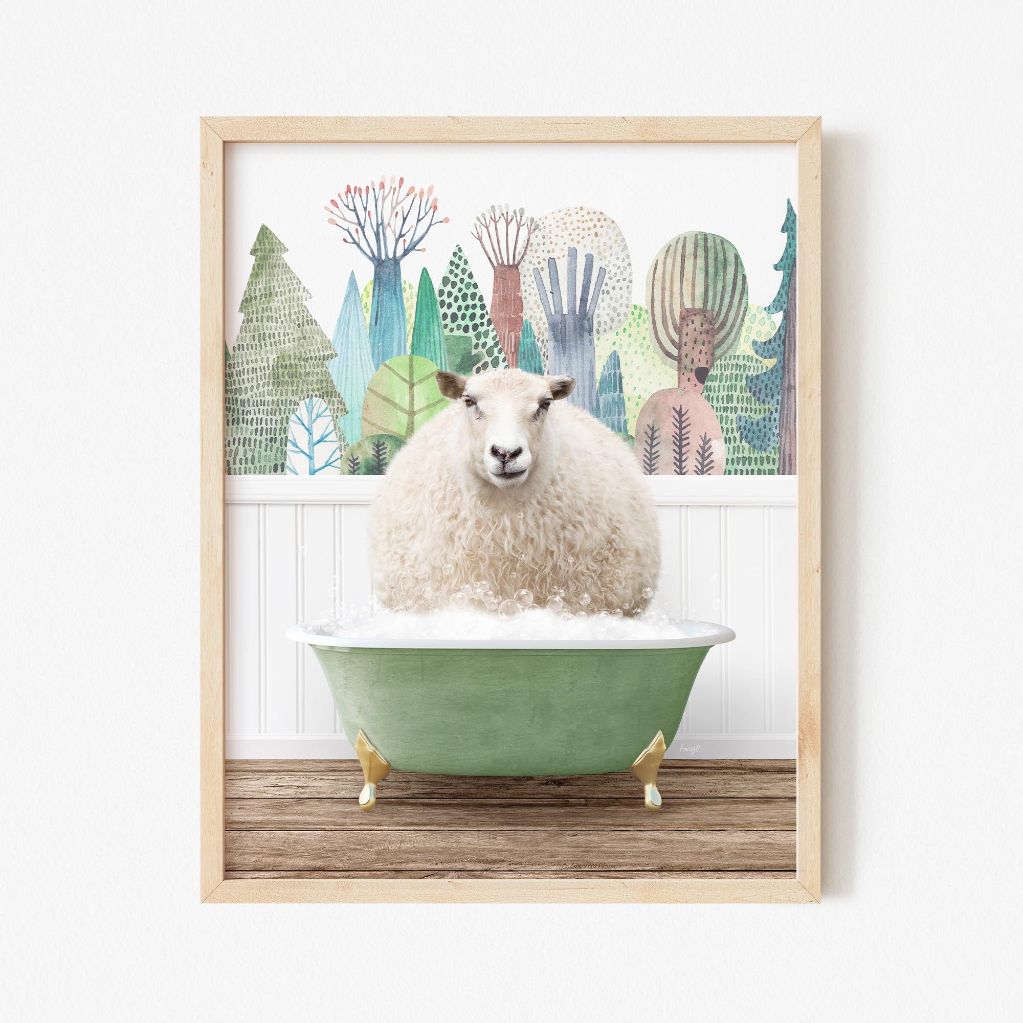 Sheep in Into the Woods Bath – Amy Peterson Art Studio